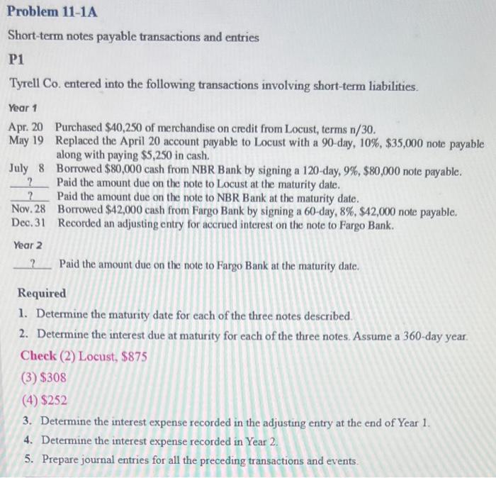 Solved Problem 11-1A Short-term notes payable transactions | Chegg.com