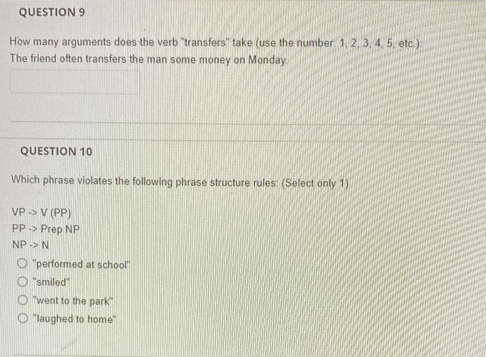 How many arguments does the verb "transfers" take | Chegg.com