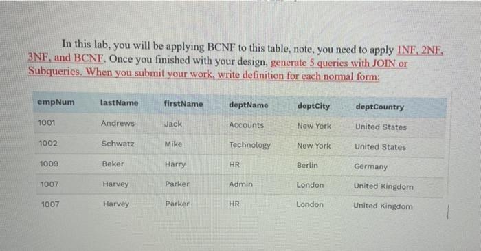 Solved In this lab, you will be applying BCNF to this table, | Chegg.com