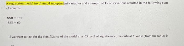Solved A regression model involving 4 independent variables | Chegg.com