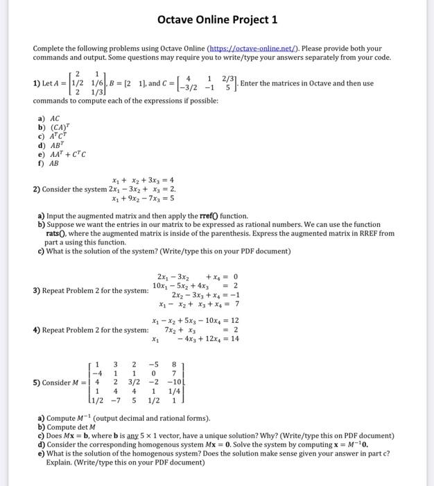 Solved Octave Online Project 1 Complete The Following 