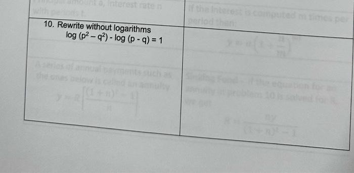 Solved 10. Rewrite without logarithms log(p2−q2)−log(p−q)=1 | Chegg.com
