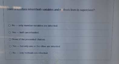 Solved Does a subclass inherit both variables and π ﻿: thods | Chegg.com