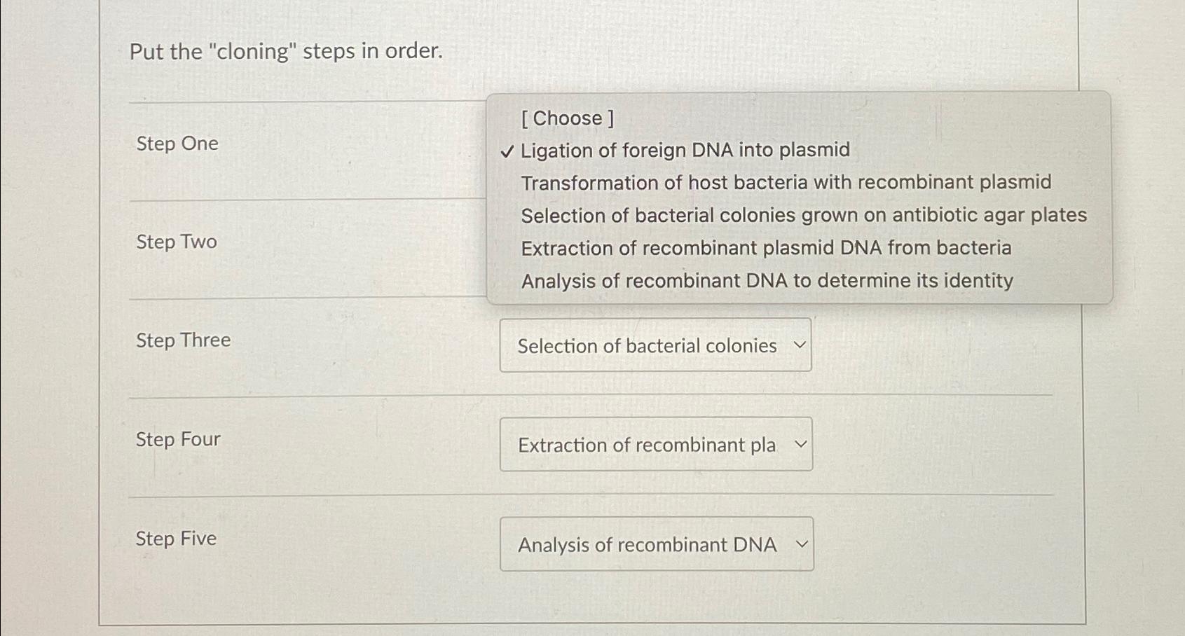 Solved Put the "cloning" steps in order.[ ﻿Choose ]Step One | Chegg.com