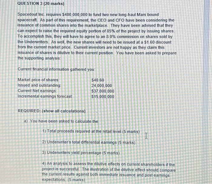 Solved QUESTION 3 (20 marks) Spacedout Inc. requires | Chegg.com