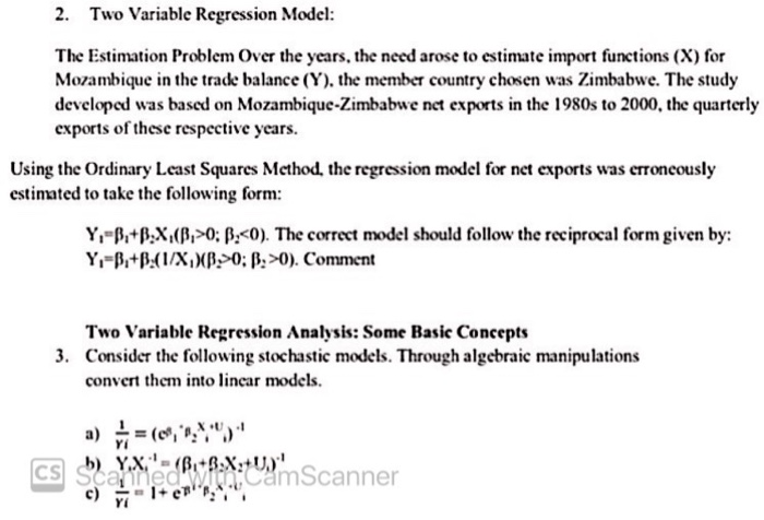 Solved 2. Two Variable Regression Model: The Estimation | Chegg.com