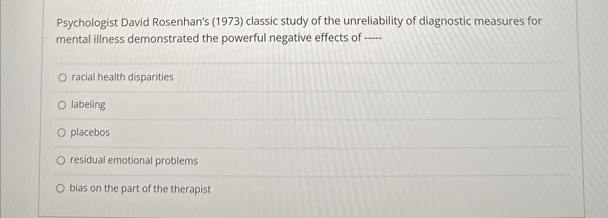 Solved Psychologist David Rosenhan's (1973) ﻿classic study | Chegg.com