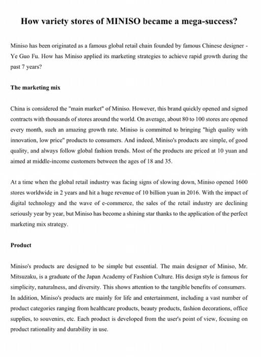 Solved How variety stores of MINISO became a mega-success? | Chegg.com