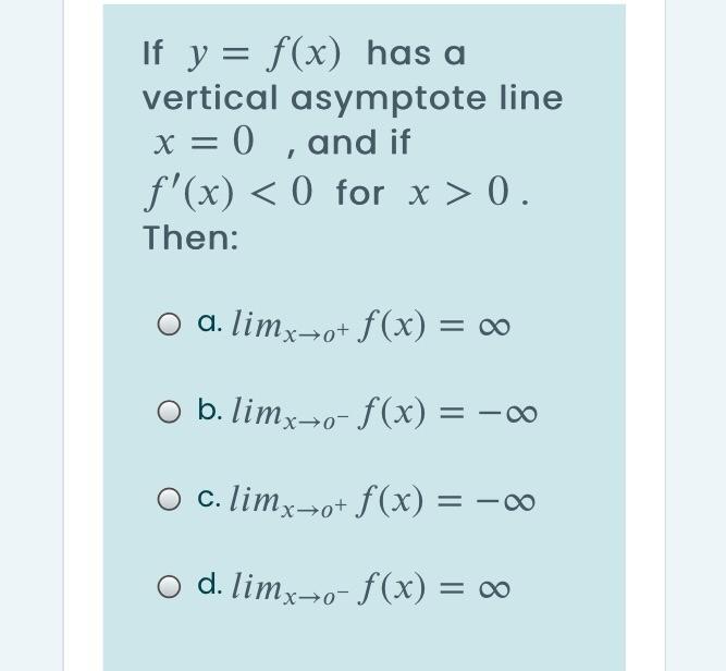 Solved If Y F X Has A Vertical Asymptote Line X 0 And