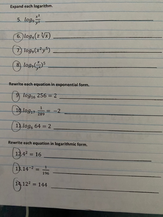Solved Expand each logarithm. 5. logo (6. log4(z VX) - (7.) | Chegg.com