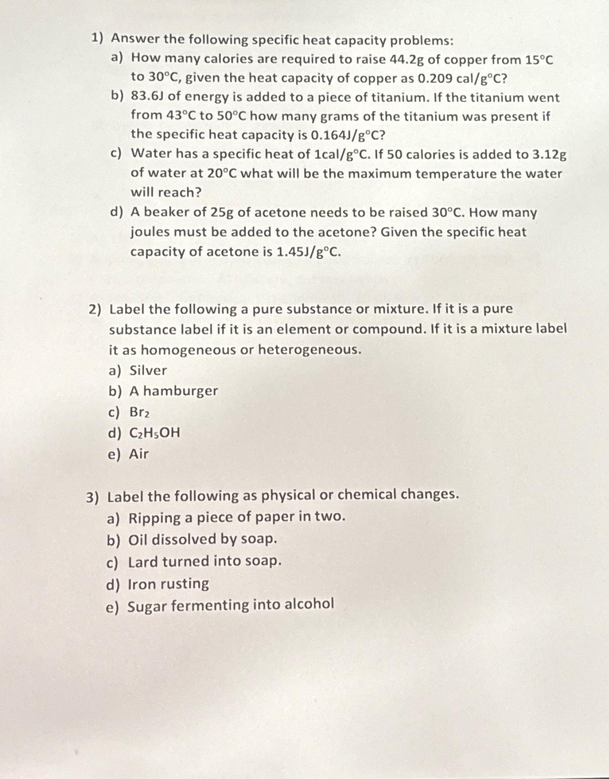 Solved Answer the following specific heat capacity | Chegg.com