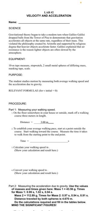 Solved LAB #2 VELOCITY AND ACCELERATION Name: SCIENCE | Chegg.com