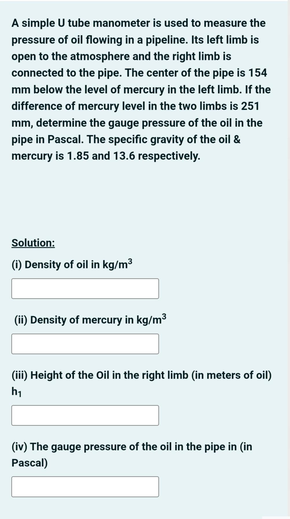 Solved A simple U tube manometer is used to measure the | Chegg.com
