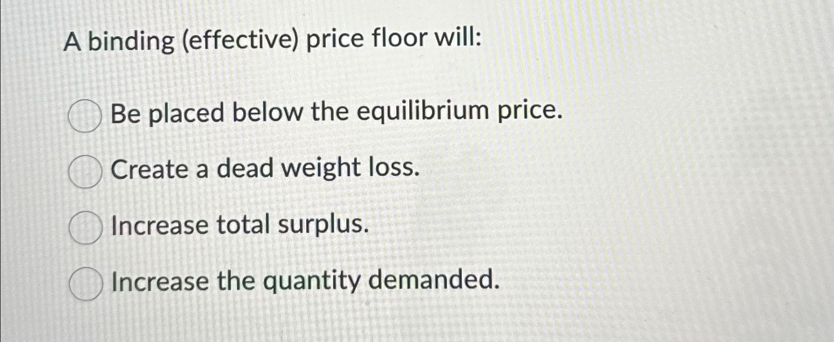 Solved A binding (effective) ﻿price floor will:Be placed | Chegg.com