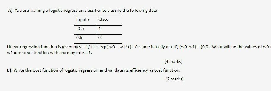 Solved A). You are training a logistic regression classifier | Chegg.com