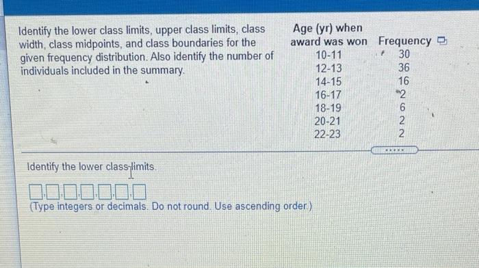 Solved Identify the lower class limits, upper class limits, | Chegg.com