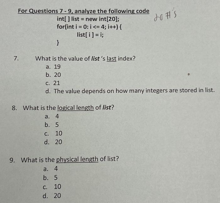 Solved For Questions 7-9, analyze the following code 7nt | Chegg.com