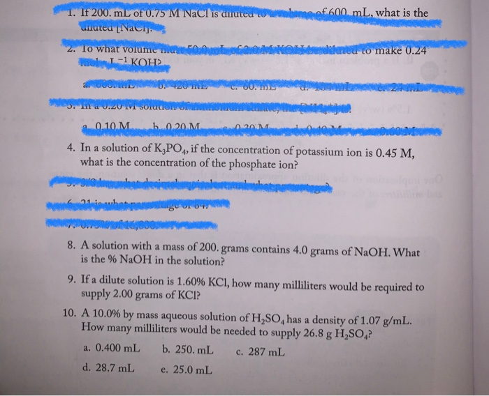 Solved 1. If 200.mL of 0.75 M NaCl is diluted of 600 mL, | Chegg.com