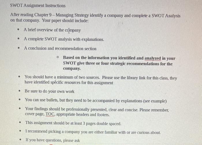 SWOT Assignment Instructions After reading Chapter 9 | Chegg.com