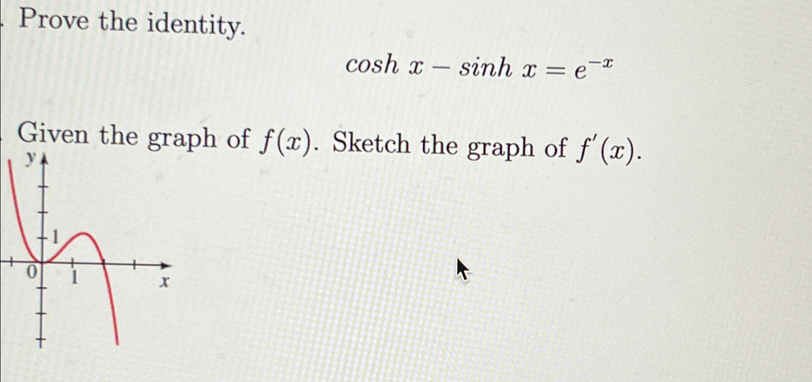 Prove the identity.coshx-sinhx=e-xth of f(x). ﻿Sketch | Chegg.com