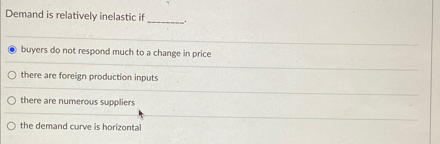 Solved Demand is relatively inelastic ifbuyers do not | Chegg.com