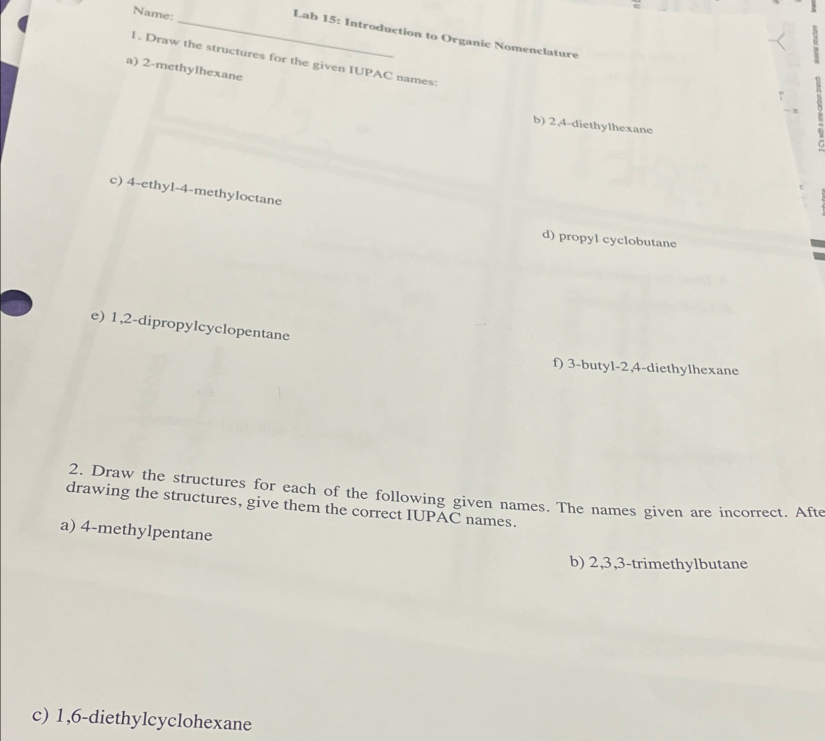 Solved Name:Lab 15: Introduction to Organic NomenclatureDraw | Chegg.com