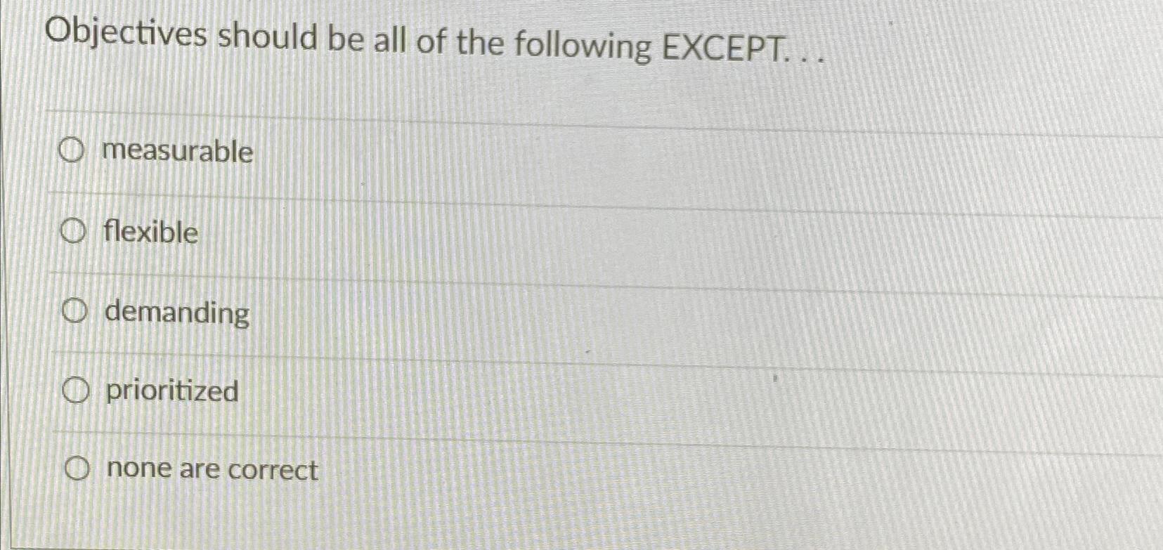 Solved Objectives should be all of the following EXCEPT. | Chegg.com