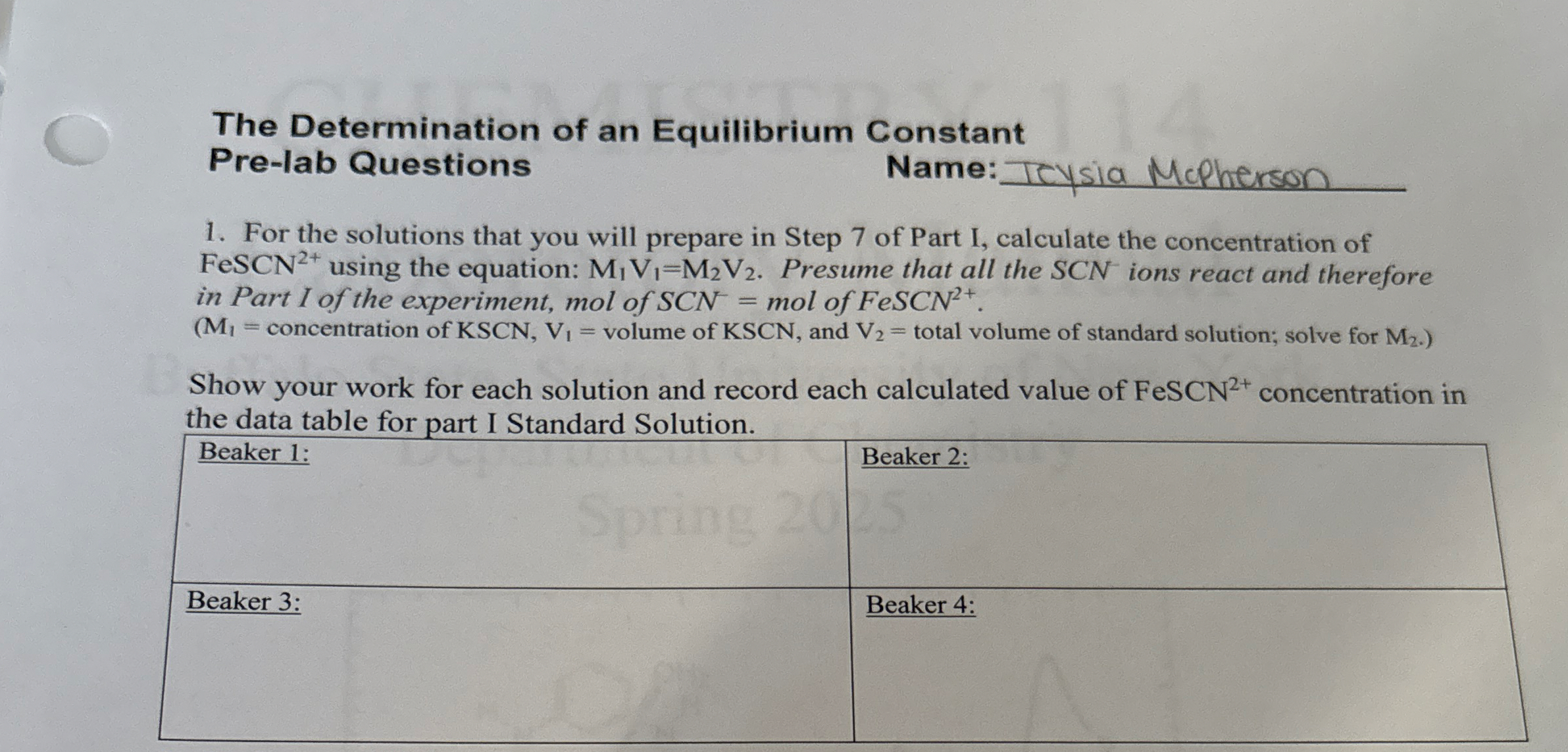 The Determination of an Equilibrium Constant Pre-lab | Chegg.com