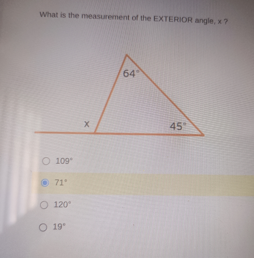 Solved What is the measurement of the EXTERIOR angle, | Chegg.com
