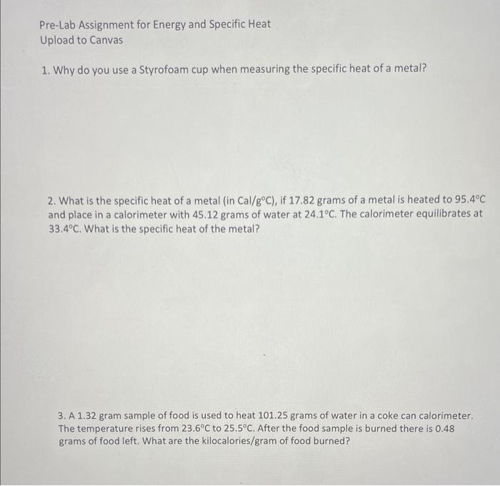Solved Pre-Lab Assignment for Energy and Specific Heat | Chegg.com