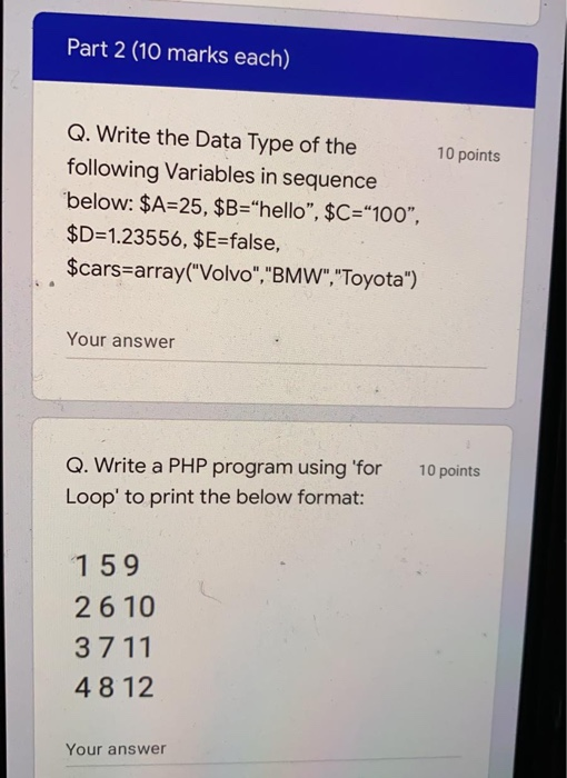 Solved Part 2 (10 marks each) 10 points Q. Write the Data | Chegg.com