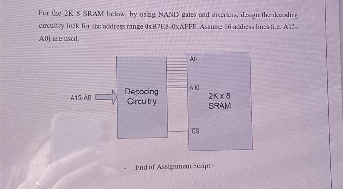 Solved For the 2K 8 SRAM below, by using NAND gates and | Chegg.com