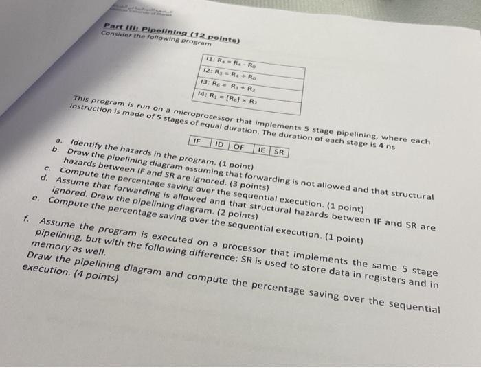 Part lli. Pipelining (12 points) Consider the | Chegg.com