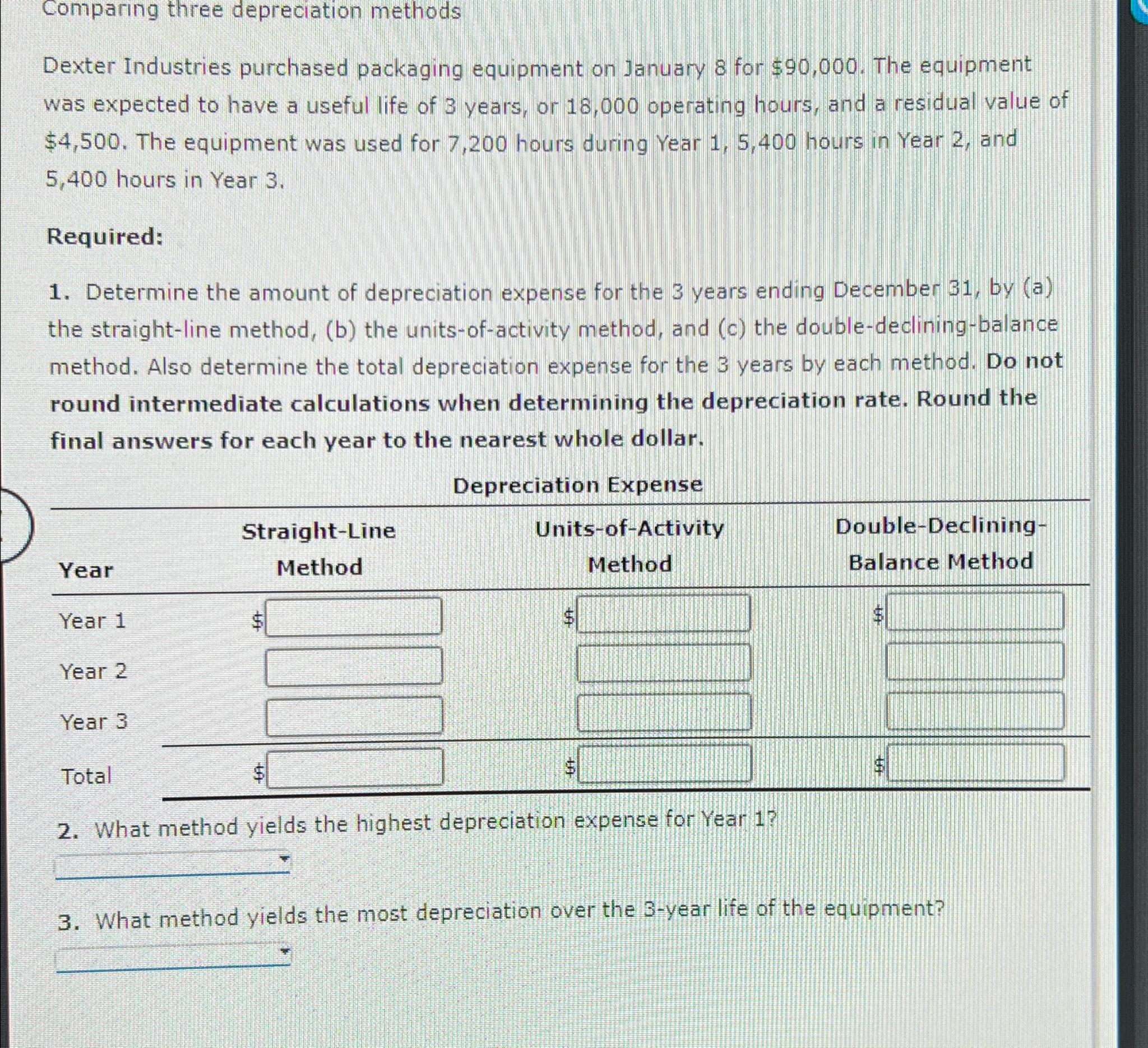 Solved Comparing three depreciation methodsDexter Industries | Chegg.com