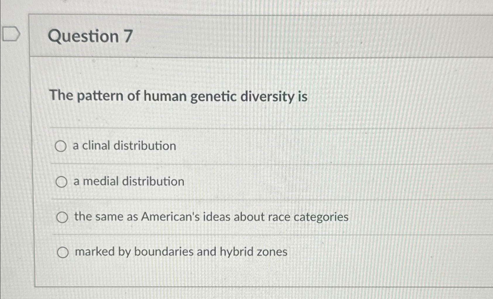 Solved Question 7The pattern of human genetic diversity isa | Chegg.com