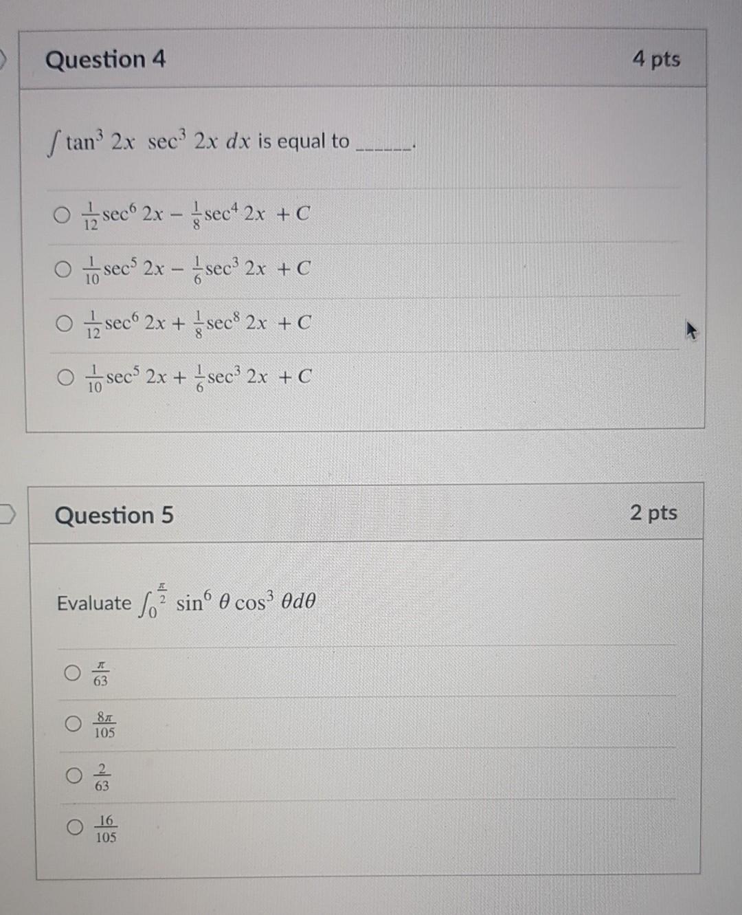 Solved 3 Question 4 4 pts Stan 2x sec? 2x dx is equal to o | Chegg.com