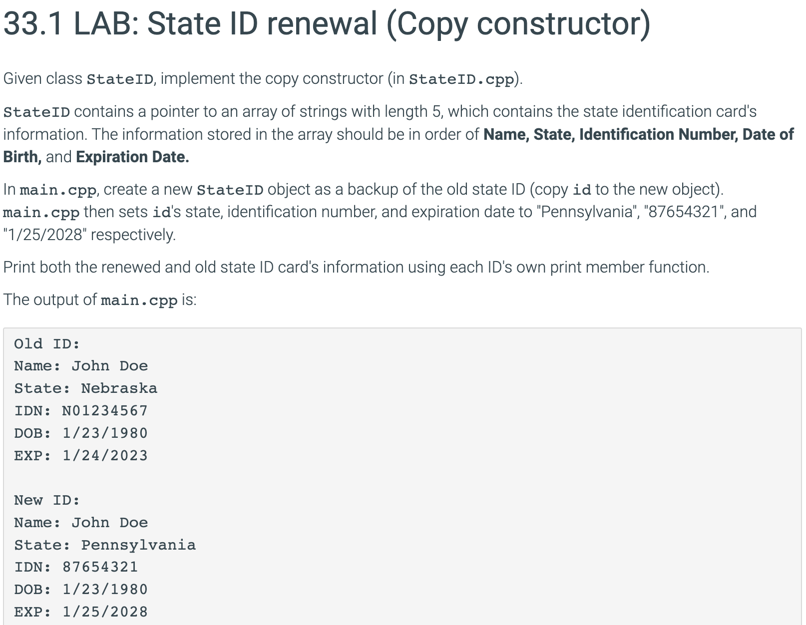 Solved 33.1 ﻿LAB: State ID renewal (Copy constructor)Given | Chegg.com