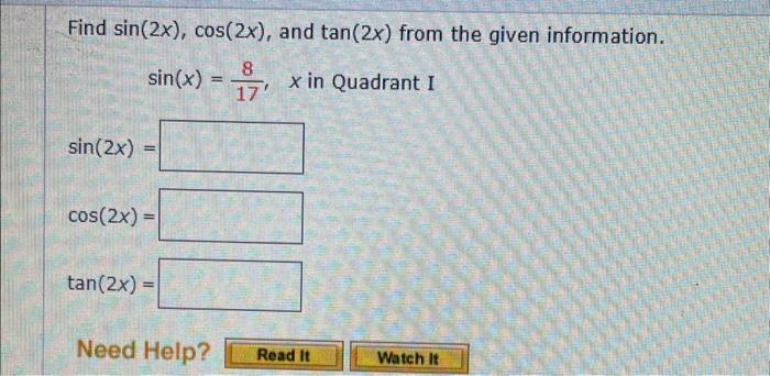 Solved Find sin(2x),cos(2x), and tan(2x) from the given | Chegg.com