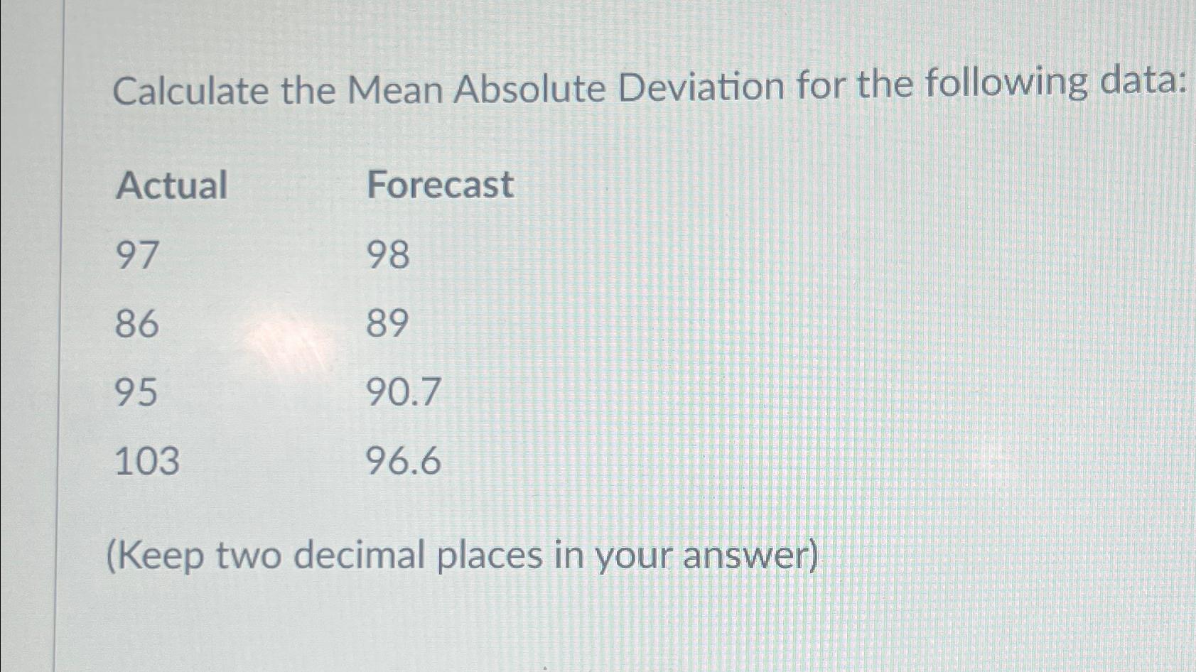 Solved Calculate the Mean Absolute Deviation for the | Chegg.com
