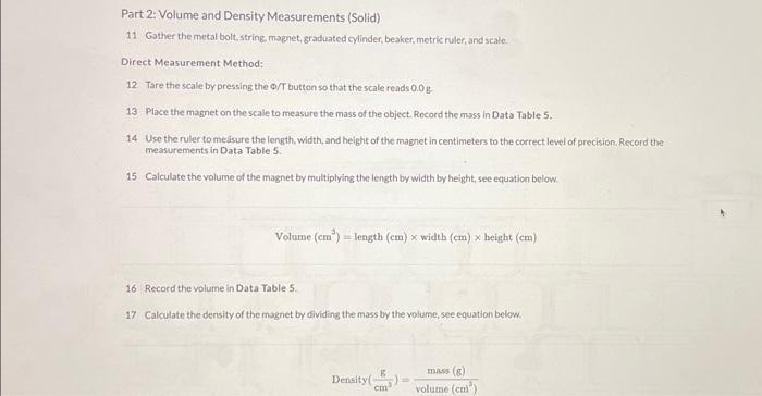 Solved Part 2: Volume and Density Measurements (Solid) 11 | Chegg.com