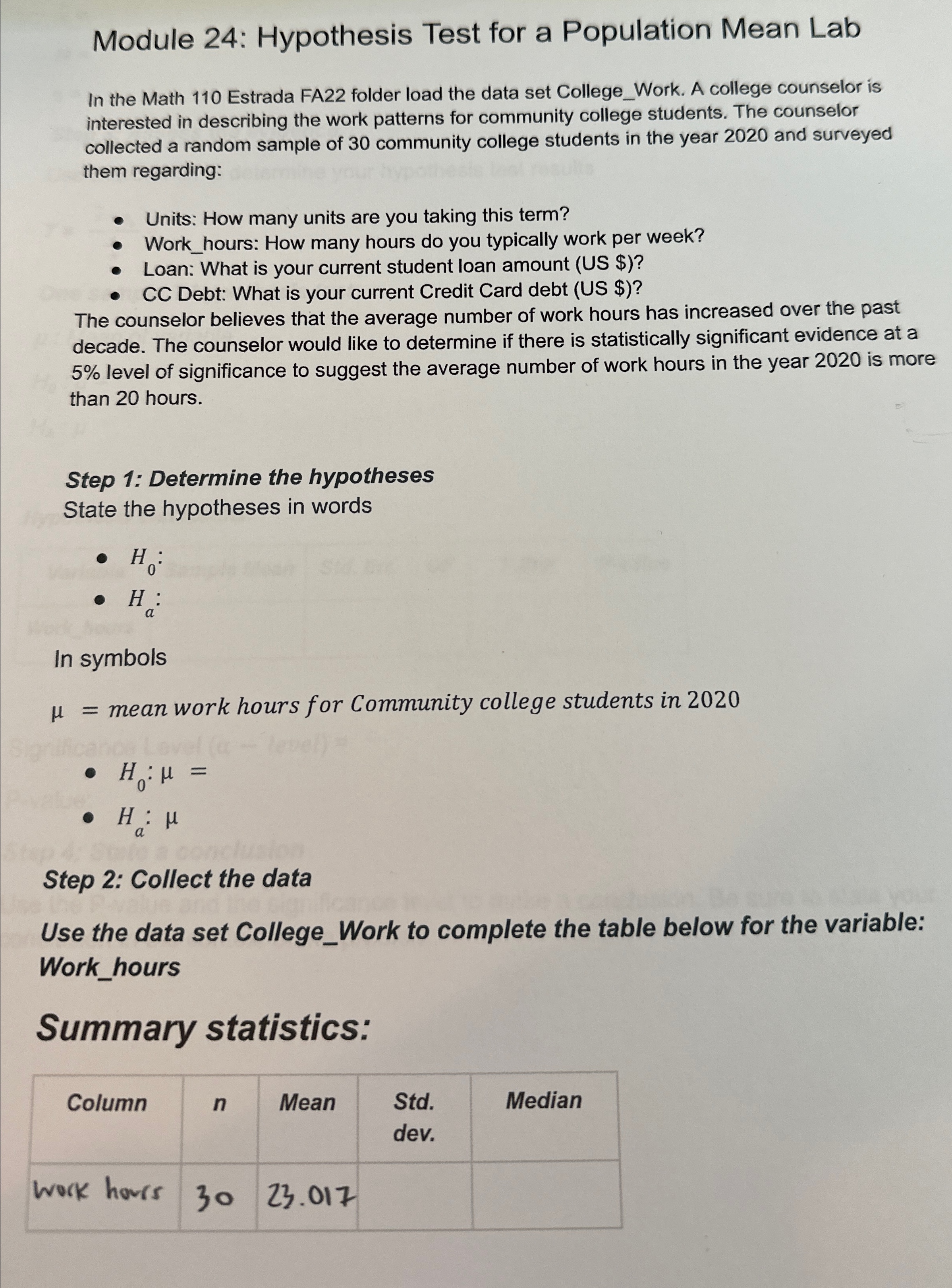 Module 24: Hypothesis Test for a Population Mean | Chegg.com