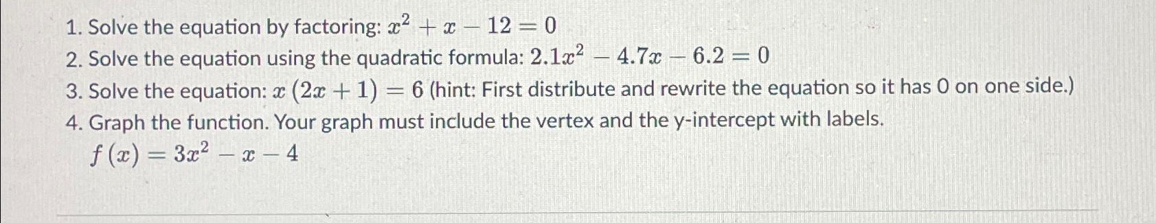 Solved Solve the equation by factoring: x2+x-12=0Solve the | Chegg.com