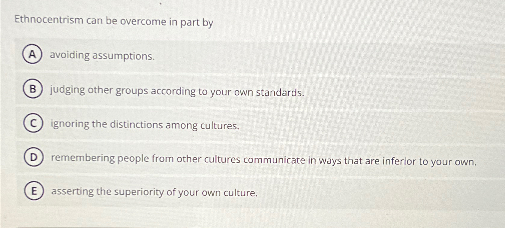 Solved Ethnocentrism can be overcome in part byavoiding | Chegg.com