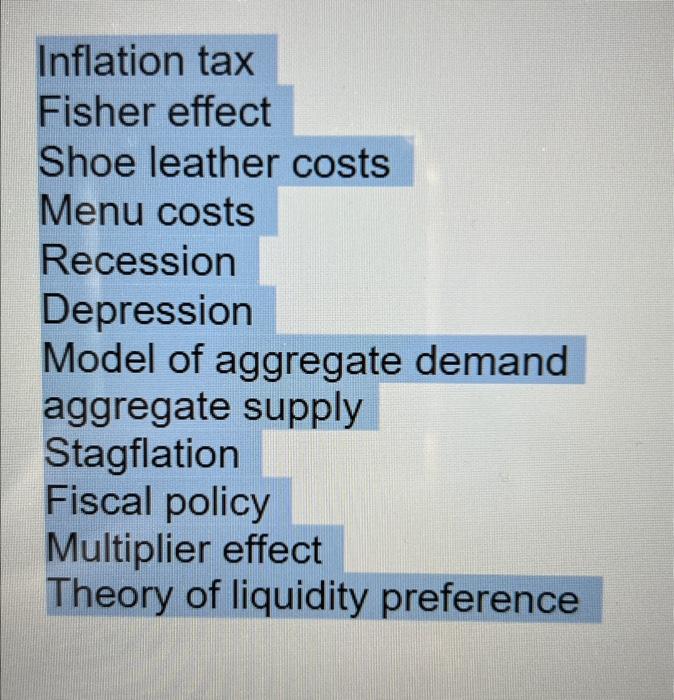 Solved Inflation tax Fisher effect Shoe leather costs Menu | Chegg.com
