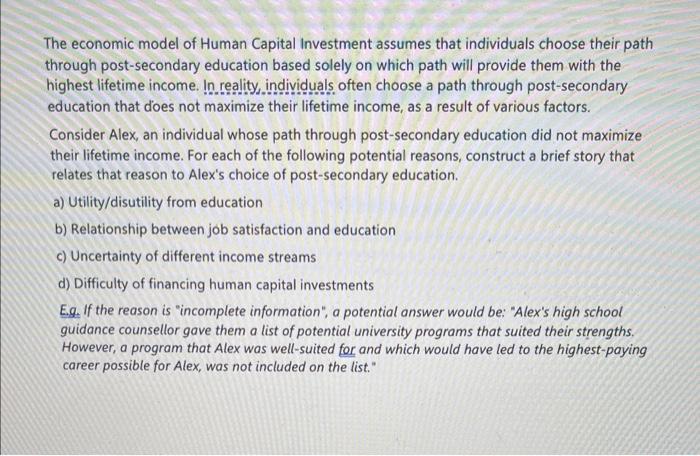 Solved The economic model of Human Capital Investment | Chegg.com