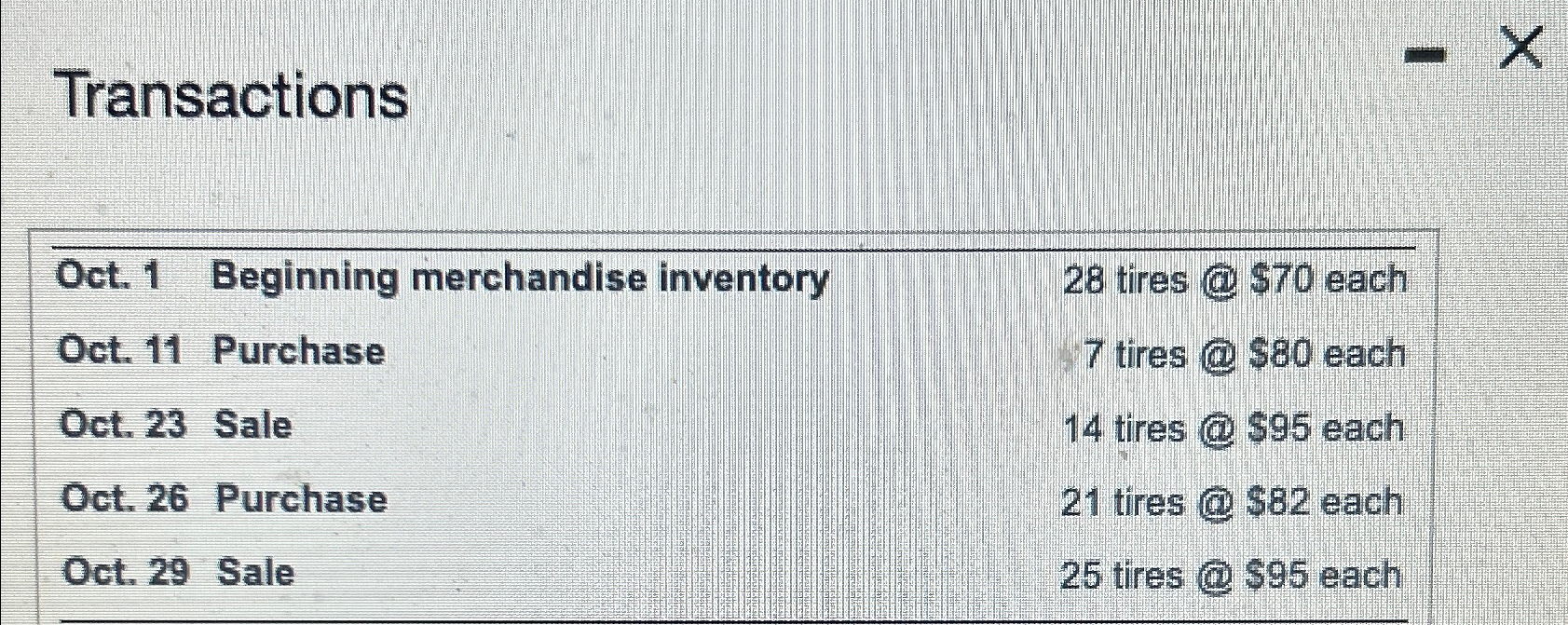 Transactions\table[[Oct. 1 ﻿Beginning merchandise | Chegg.com