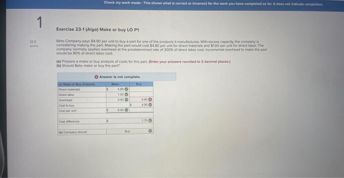 Solved Exercise 23-1 (Algo) Make or buy LO P1 Beto Company | Chegg.com