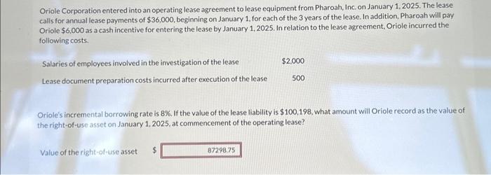 Solved Oriole Corporation entered into an operating lease | Chegg.com