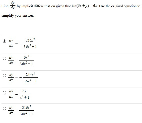 Solved Find by implicit differentiation given that tan(6x | Chegg.com