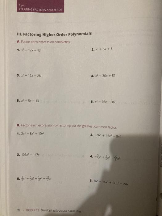 Solved Topic I RELATING FACTORS AND ZEROS III. Factoring | Chegg.com